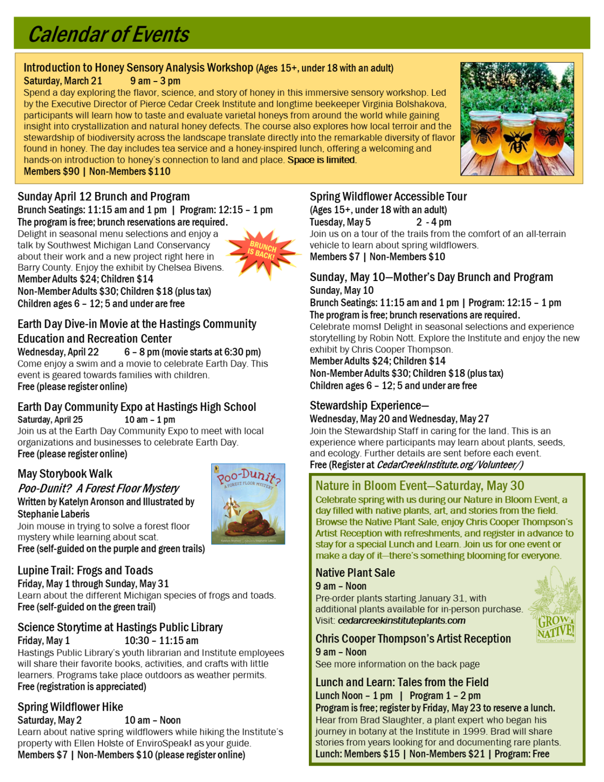Spring Calendar of Events – Pierce Cedar Creek Institute